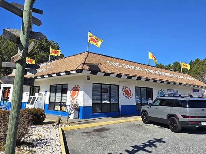 Bright blue trim and cheerful crab murals announce this isn't some corporate chain pretending to understand coastal cuisine.