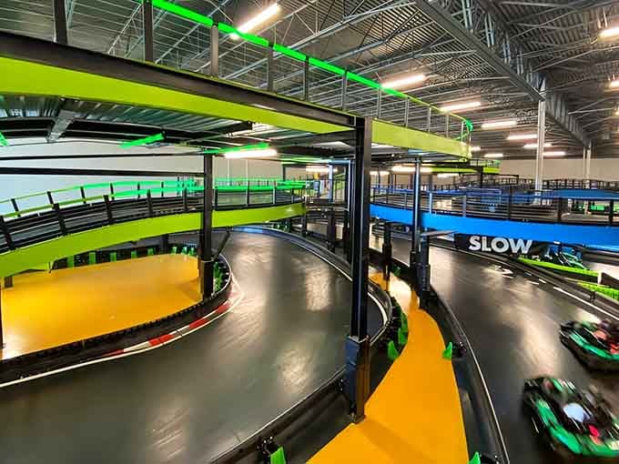 The winding track features challenging turns and multiple levels, giving racers plenty of opportunities to test their skills and competitive spirit.