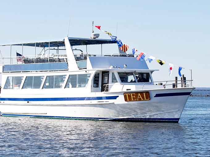 The Teal herself, gleaming in the harbor like she's ready for her close-up and yours too.