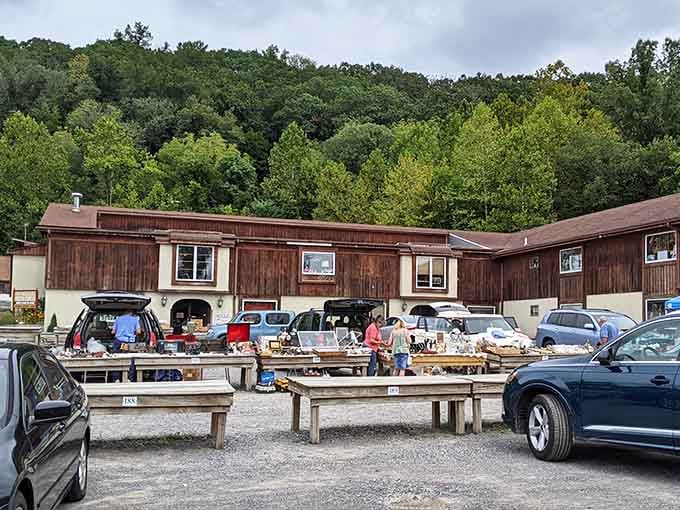 The hillside backdrop frames this outdoor market perfectly, where car trunks transform into pop-up shops full of possibilities.