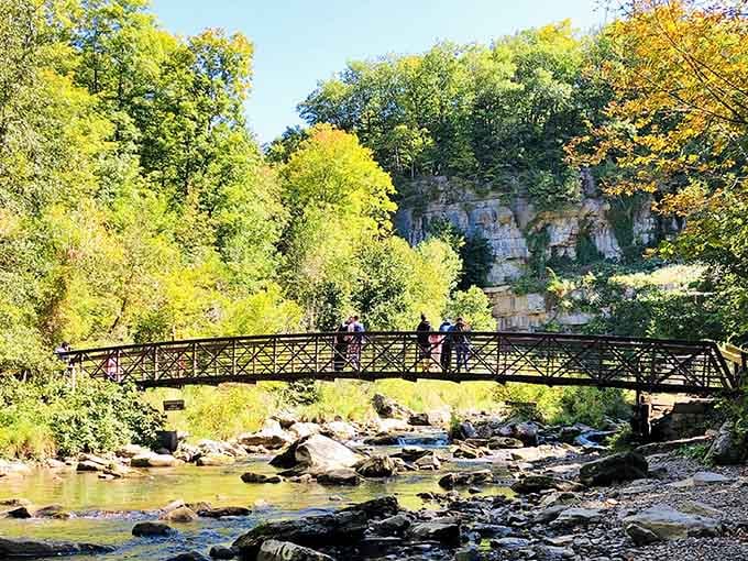 The charming footbridge offers visitors an excellent vantage point to admire the gorge and ancient rock formations from a safe spot.