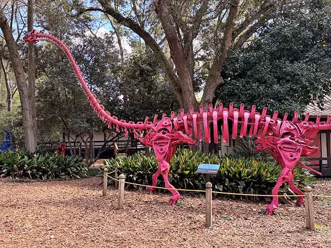 Nothing says "subtle museum display" quite like a hot pink dinosaur skeleton demanding attention from every visitor within a mile radius.