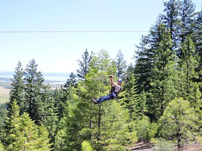 Flying through forest canopy with the Upper Klamath Basin stretched below like nature's own masterpiece painting.