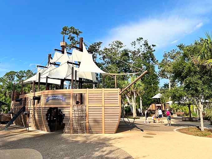 This magnificent vessel dominates the playground like a galleon that traded ocean adventures for the infinitely safer harbor of family fun.