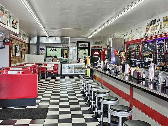 That checkerboard floor isn't just decoration—it's a portal to simpler times when soda fountains ruled.