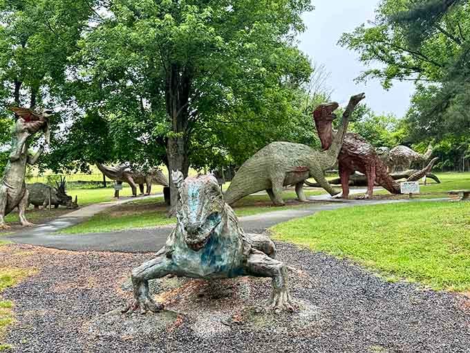 That turquoise lizard lounging on the path looks like he's been sunbathing since the Mesozoic era.