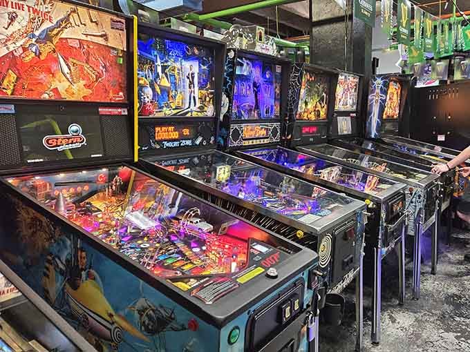 Test your skills on a row of classic, brightly lit pinball machines that promise plenty of retro gaming fun.