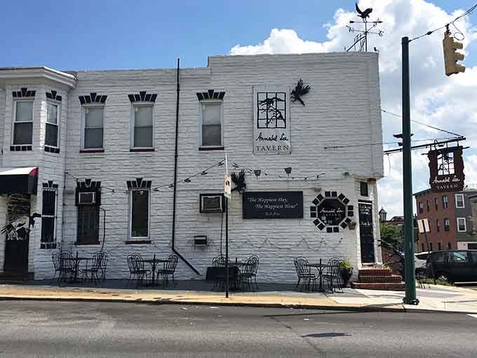 This Canton corner building wears its Poe theme proudly, from the painted murals to the atmospheric entrance.