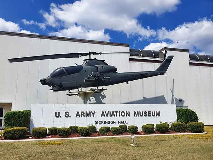 Nothing says "welcome to something extraordinary" quite like a Cobra helicopter perched outside like a guardian angel with rotors.