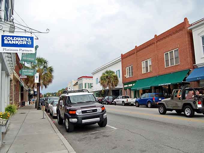 Palm trees and brick storefronts create that perfect Southern coastal vibe where history meets everyday life beautifully.