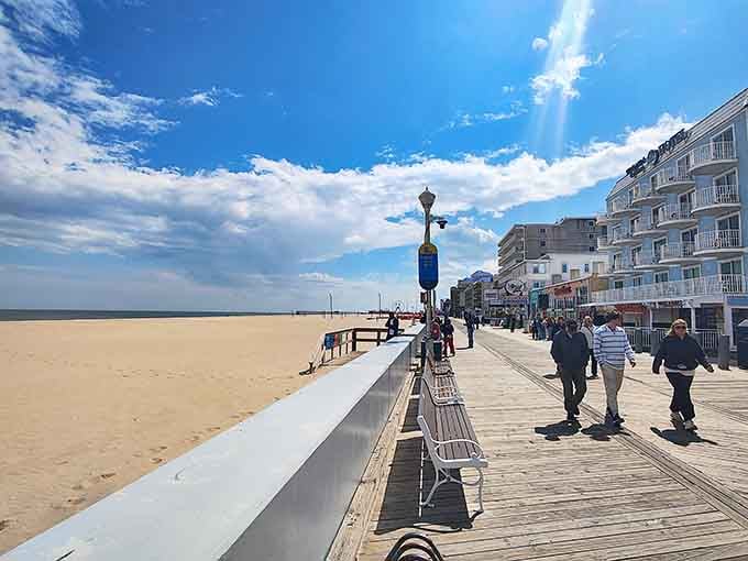 The boardwalk stretches toward infinity, where wooden planks meet cotton candy skies and possibilities feel endless.
