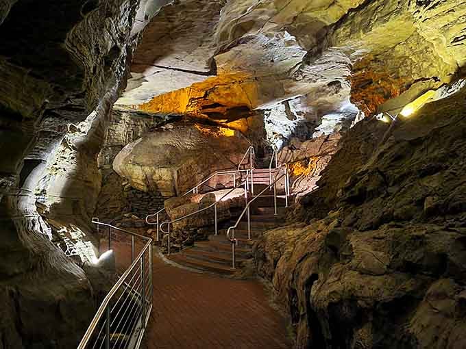 Those handrails aren't just suggestions&mdash;they're your lifeline through 156 feet of geological wonder and occasional slippery spots.
