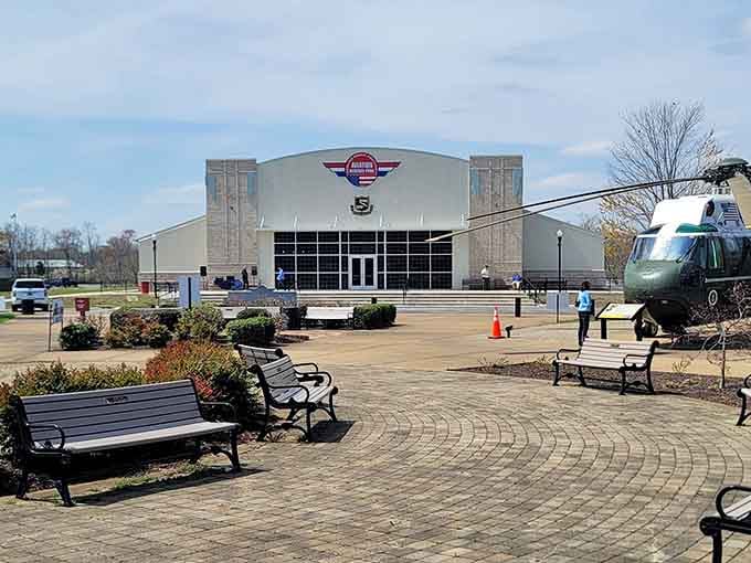 That's not a movie set, folks—those are real military helicopters you can walk right up to and admire.