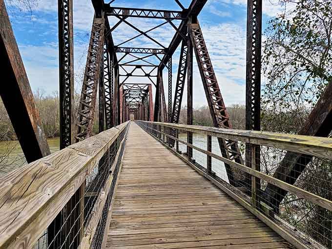 Steel and wood converge over the Broad River, creating a pathway that feels suspended between earth and sky.