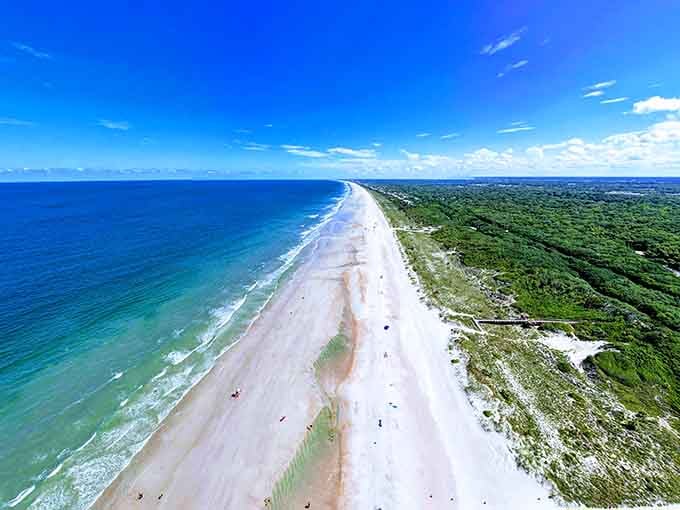 This stunning aerial view shows the mile-and-a-half stretch of pristine beach where turquoise waters meet golden sand at Kathryn Abbey Hanna Park.