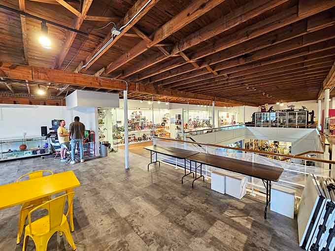 The exposed beams and open layout create a nostalgic warehouse vibe that lets the toys truly shine.