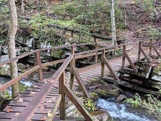 Sturdy footbridges guide you over cascading water, proving infrastructure can actually be photogenic when done right.