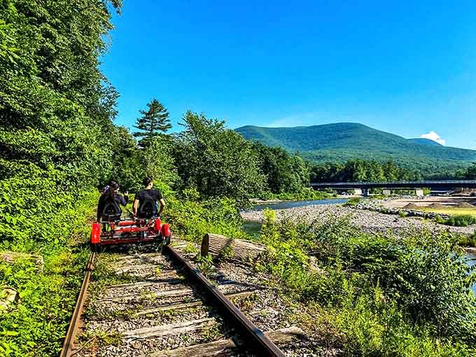 Those red rail bikes against blue sky and green mountains create a postcard moment worth pedaling for.