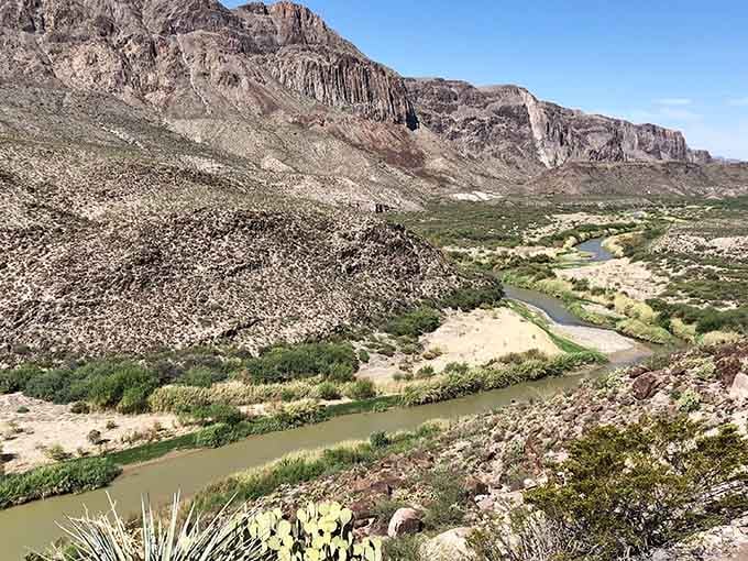 The river winds through desert mountains like a green ribbon, proof that water always finds beauty.
