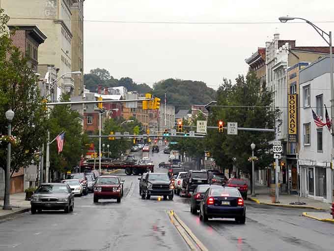 Historic buildings line streets where rent won't require selling organs, proving fairy tales sometimes come true in Pennsylvania.