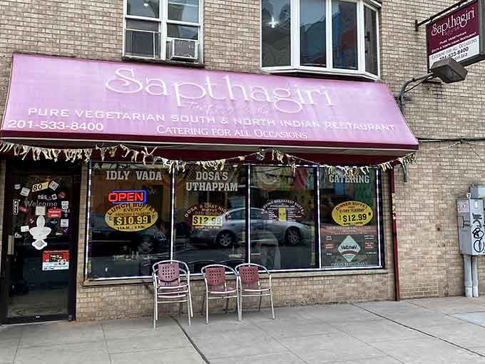 That burgundy awning beckons like a flavor-filled lighthouse guiding hungry souls to vegetarian paradise in Jersey City.