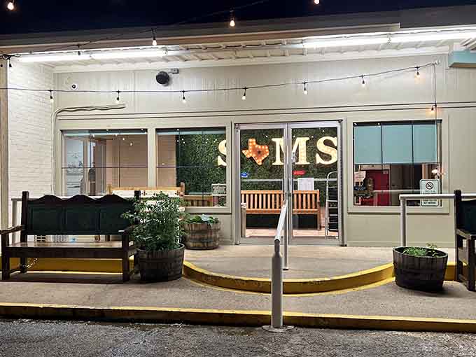 Evening at Sam's means string lights, outdoor seating, and the promise of a memorable Texas meal ahead.
