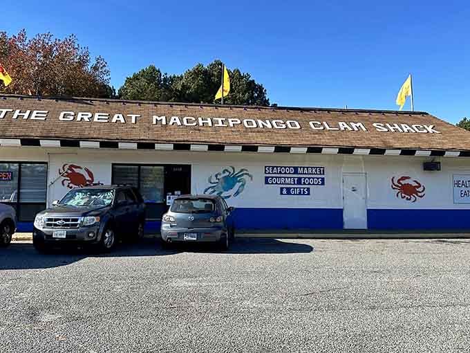 That cheerful blue and white exterior with hand-painted crabs isn't just decoration, it's a promise of deliciousness ahead.