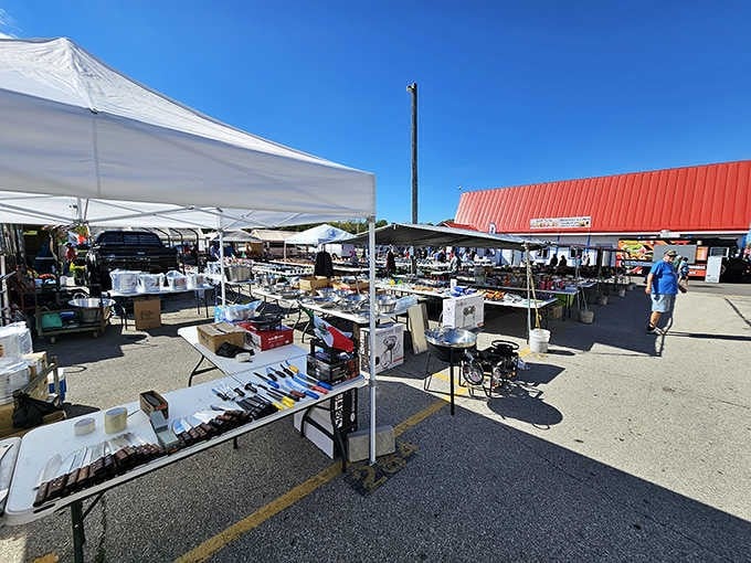 The outdoor marketplace sprawls under blue skies, where treasure hunters roam freely among endless vendor stalls.