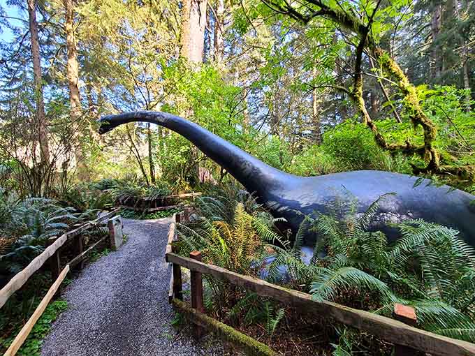 When a dinosaur casually drapes itself across your walking path, you simply accept this as normal Oregon behavior.