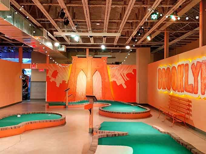 That Brooklyn Bridge silhouette isn't just decoration, it's your first clue that this mini golf adventure celebrates local landmarks.