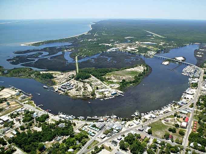 From above, Carrabelle looks like someone spilled a perfectly organized fishing village into the Gulf waters.
