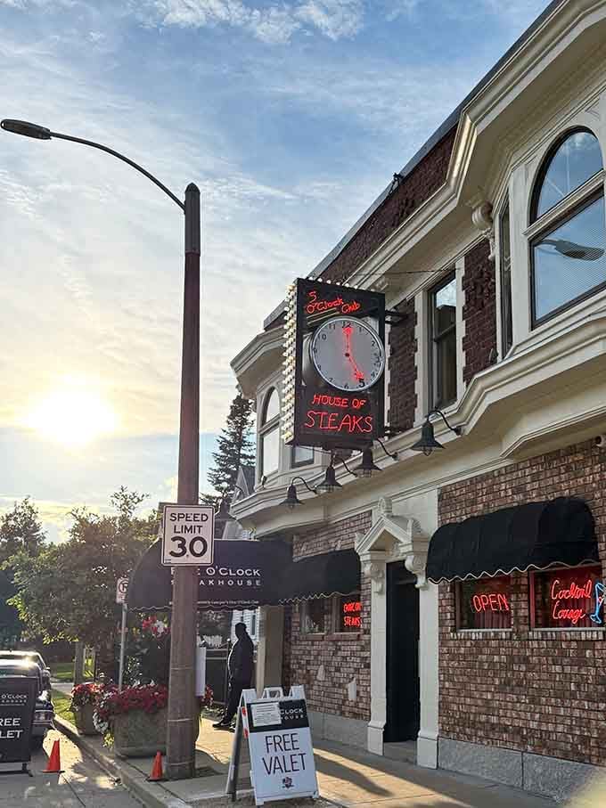 That iconic neon clock isn't just telling time, it's announcing your arrival at steak heaven.