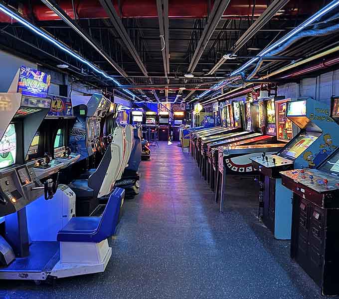 Rows of classic arcade cabinets and pinball machines await your challenge in this retro gamer's paradise in Fort Wayne, Indiana.