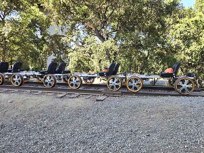 When bicycles and trains have a baby, you get these beauties waiting to roll down the tracks.
