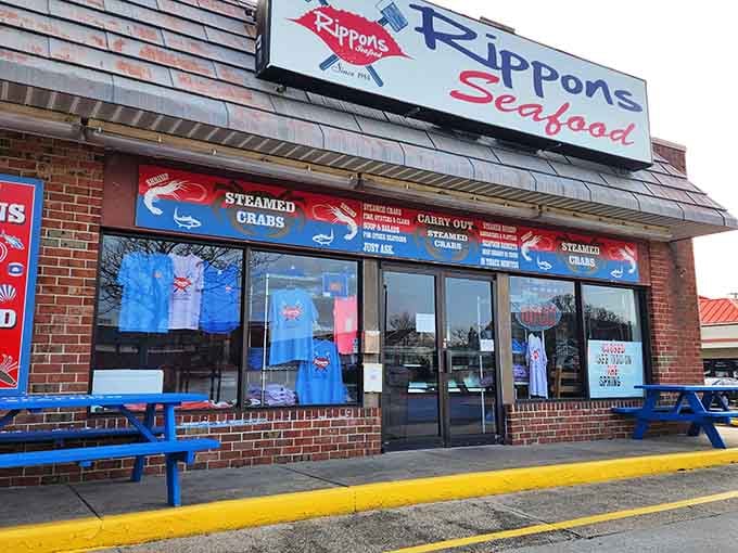 Those bright blue picnic tables out front aren't just furniture, they're front-row seats to your best meal today.