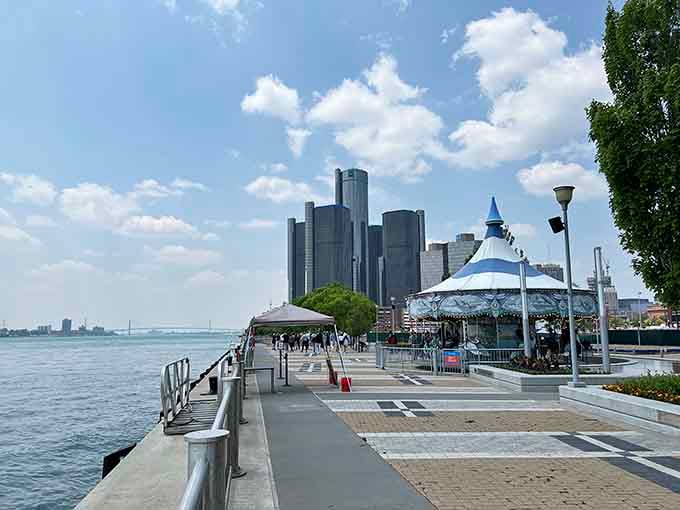 The Detroit River sparkles like nature's own welcome mat, inviting you to leave your worries behind.