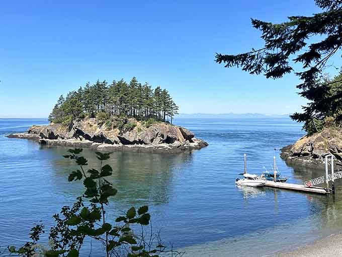 Rocky islands crowned with evergreens rise from crystal-clear waters, while sailboats rest peacefully at the dock in this secluded marine sanctuary.