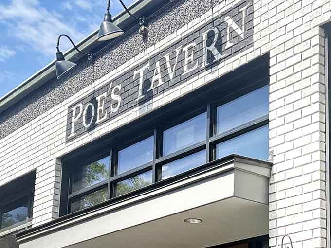 Clean lines and classic lettering announce your destination where burgers honor the master of macabre himself.