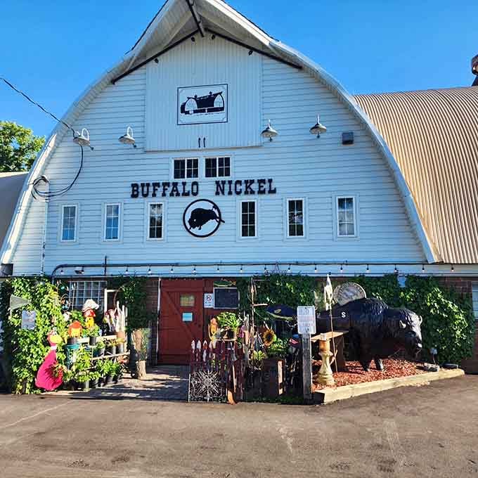 That blue barn with bold lettering isn't hiding anything, it's proudly announcing your next treasure hunt destination.