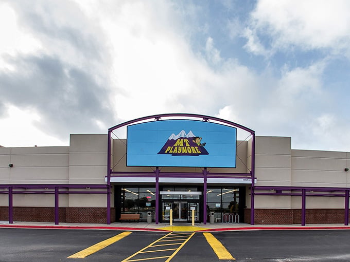 That cheerful sign greeting you knows exactly what kind of magic awaits inside those purple-trimmed doors.