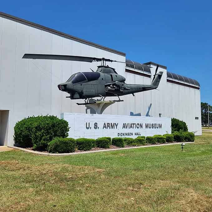 Nothing says "welcome to something extraordinary" quite like a Cobra helicopter perched outside like a guardian angel with rotors.