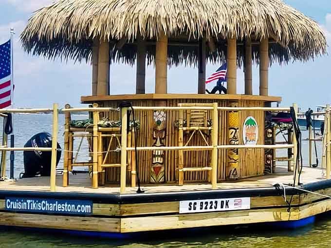 Yes, that's a floating tiki bar with a thatched roof, and yes, you can captain it yourself through Charleston Harbor.
