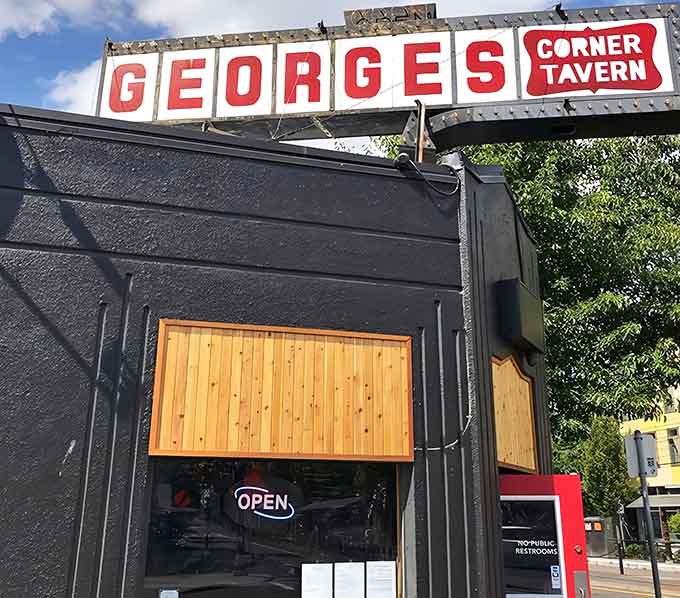 That classic red and white sign against blue sky proves the best discoveries don't need fancy marketing.