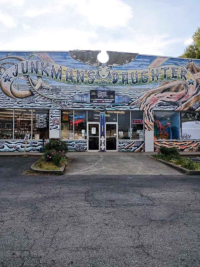 That swirling mural wrapping the storefront is basically Atlanta's way of saying "normal shopping ends here, friends."