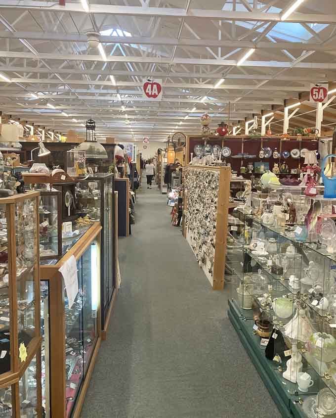 Endless aisles packed with glassware, collectibles, and vintage finds make it easy to lose track of time while browsing here.