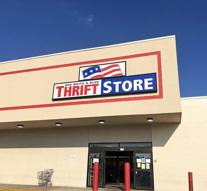 The patriotic storefront promises treasures within, where your shopping cart becomes a vessel of infinite possibilities.
