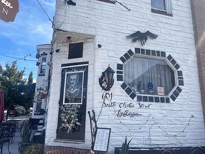 Morning light catches the tavern's artistic exterior, where Baltimore's literary history comes alive on every wall.