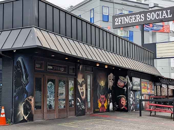 Horror movie murals and a red carpet entrance, because every night out deserves a little drama.