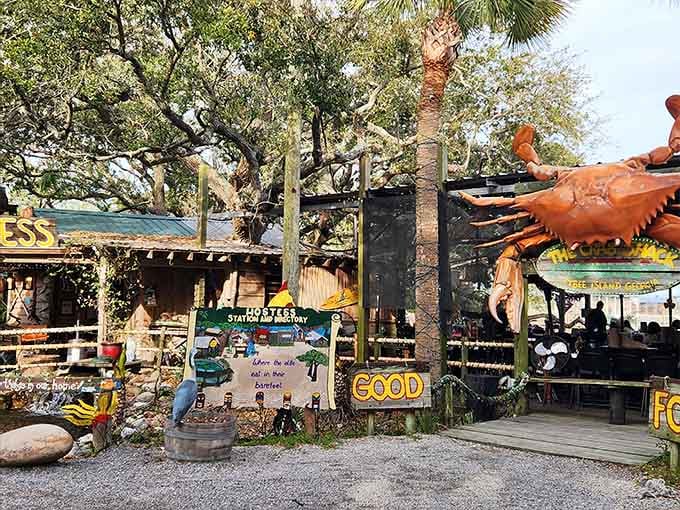 That giant crab entrance isn't just whimsical decor; it's a delicious promise of what awaits inside those weathered walls.