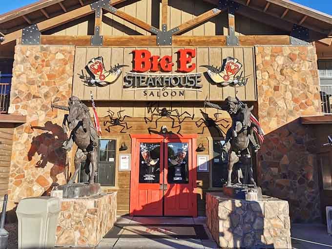When a restaurant greets you with life-sized bronco sculptures and stone masonry, you know someone understood the assignment perfectly.